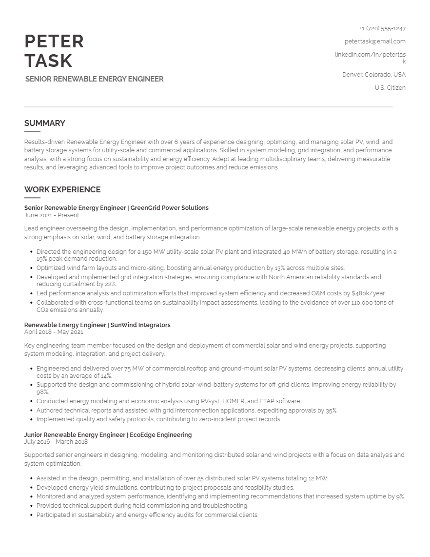 Renewable Energy Engineer Resume Example, Free Template